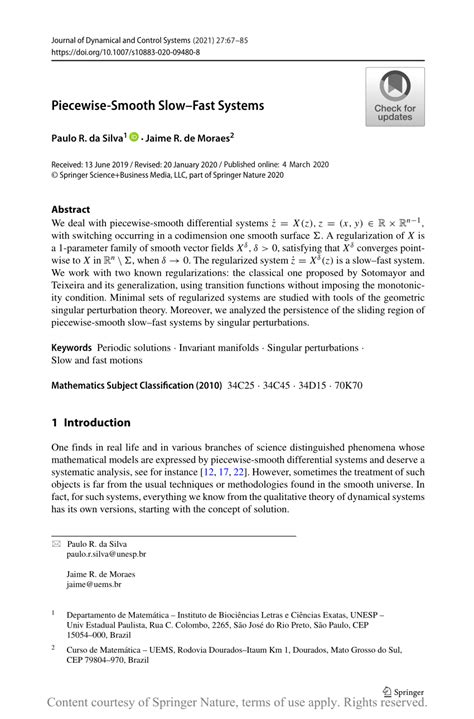 Piecewise Smooth Slow Fast Systems Request Pdf