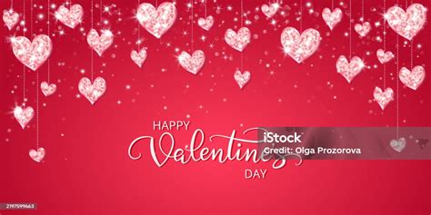 해피 발렌타인 데이 배너 빨간색에 핑크 반짝이 하트 장식 손으로 쓴 서예 반짝이는 반짝이는 화환 프레임 로맨틱한 반짝이는 배경입니다 벡터 갈란드 장식품에 대한 스톡 벡터