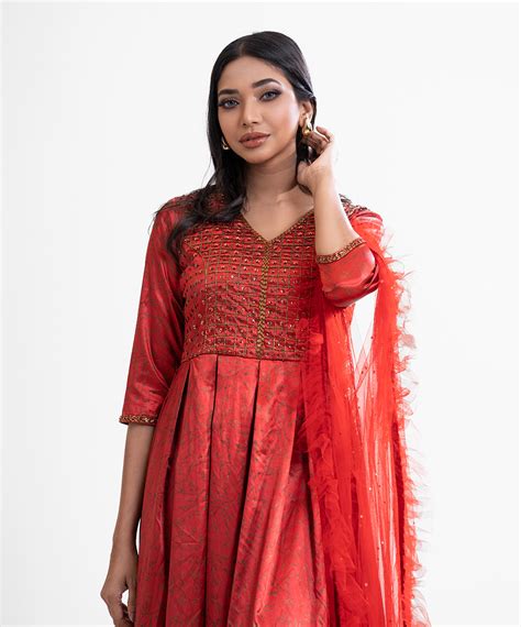 Red Satin A Line Salwar Kameez