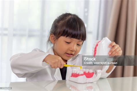 치아 턱 칫솔을 들고 작은 귀여운 재미 있는 소녀 어린이 교육 구강 위생 칫솔질 치아 청소를 배우는 아이 어린이의 충치 예방