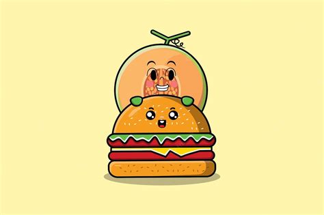 Premium Vector Cute Melon Cartoon Character Hiding In Burger
