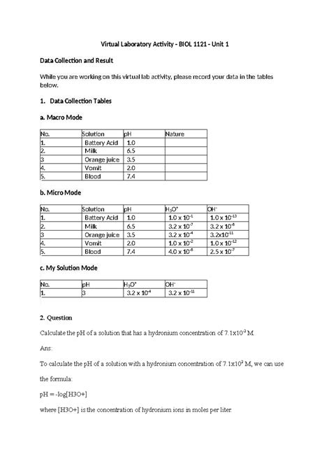 Virtual Lab Activity Biol 1121 Experiment 1 Data Collection And Results