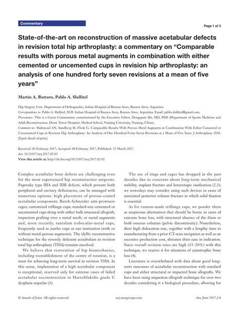 Pdf State Of The Art On Reconstruction Of Massive Acetabular Defects In Revision Total Hip