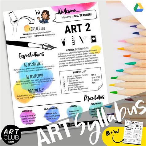 Art Syllabus Template Editable Rainbow Watercolor Black And White