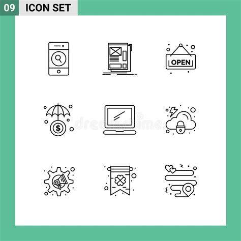 Group Of 9 Outlines Signs And Symbols For Device Computer Development Protection Insurance
