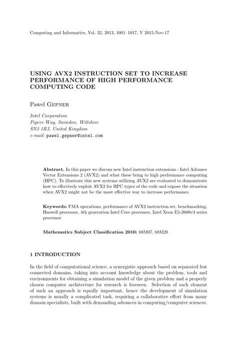Pdf Using Avx2 Instruction Set To Increase Performance Of High Performance Computing Code