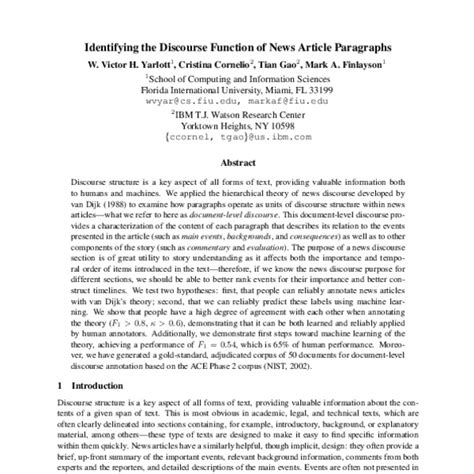Identifying The Discourse Function Of News Article Paragraphs Acl Anthology