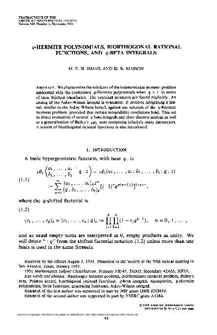 Pdf Characterizing Q Hermite Polynomials And Q Beta Integrals