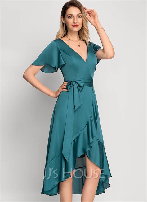 V Neck Asymmetrical Cocktail Dress With Cascading Ruffles 270230939