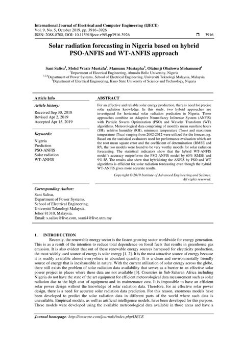 Pdf Solar Radiation Forecasting In Nigeria Based On Hybrid Pso Anfis And Wt Anfis Approach