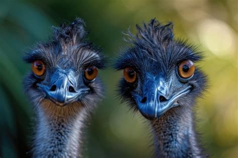 Premium Photo The Curious Faces Of Two Emu Birds