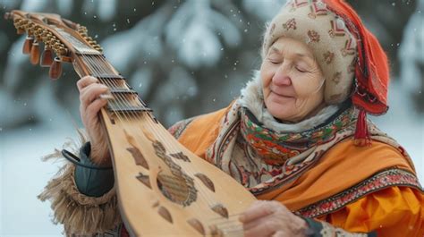 Old Russian Woman Playing Traditional Musical Instrument Premium Ai