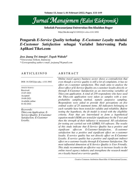 Pdf Pengaruh E Service Quality Terhadap E Customer Loyalty Melalui E Customer Satisfaction