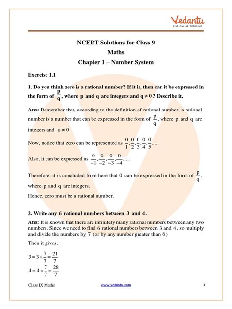 Ncert Solutions Class 9 Maths Chapter 1 Number System Pdf Numbers Integer