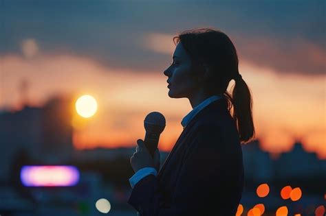 female reporter in a suit is using a microphone in the evening