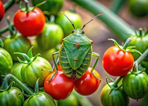 Aerial View Of Green Shield Bug Infestation On Unripe Cherry Tomatoes
