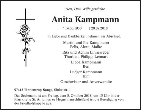 Traueranzeigen Von Anita Kampmann Trauer In Nrwde
