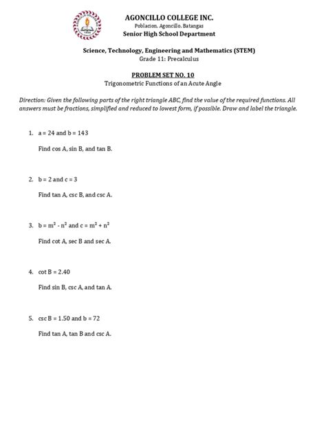 Problem Set No 10 Trigonometric Functions Of An Acute Angle Pdf
