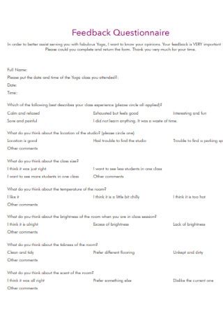 SAMPLE Feedback Questionnaire Templates In PDF MS Word