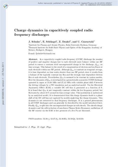 Pdf Charge Dynamics In Capacitively Coupled Radio Frequency Discharges