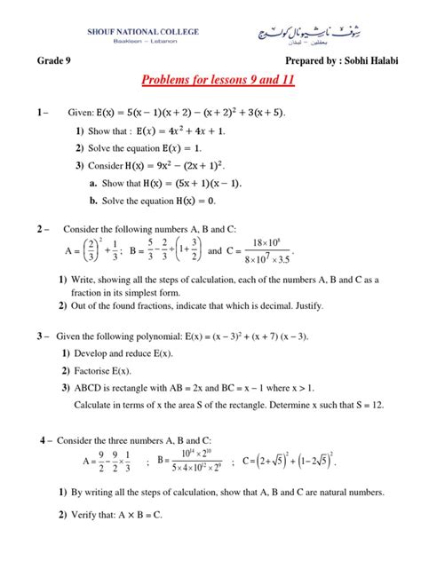 grade 9 math problems for lessons 9 and 11 pdf numbers