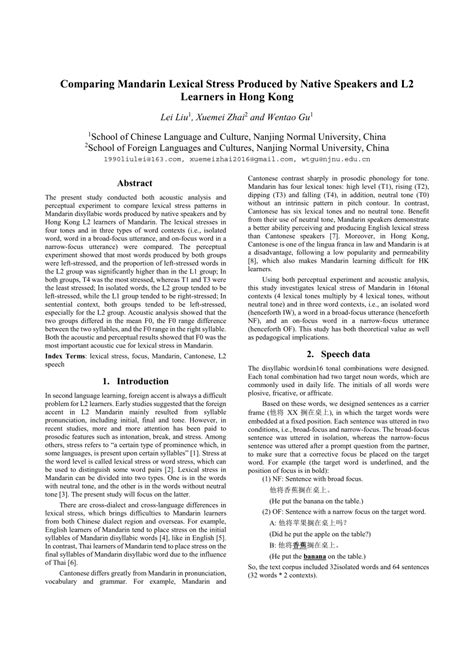 Pdf Comparing Mandarin Lexical Stress Produced By Native Speakers And L2 Learners In Hong Kong