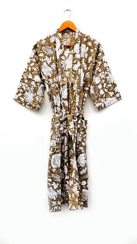 Robe Kimono En Coton Marron Robe De Chambre Imprimée En Bloc Faite à