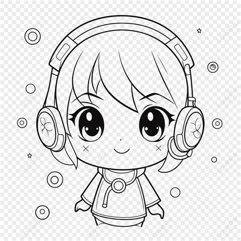 헤드폰 개요 스케치 드로잉이 있는 어린 소녀의 페이지 색칠하기 벡터만화얼굴 Png 일러스트 무료 다운로드 Lovepik