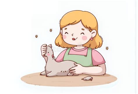 Cheerful Blonde Chibi Character In Korean Style Gently Petting A Gray