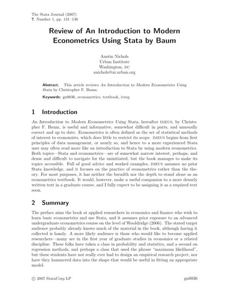 Pdf Review Of An Introduction To Modern Econometrics Using Stata By Baum