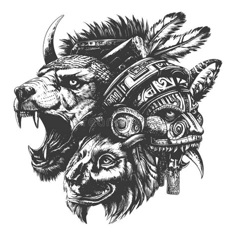 Fierce Mayan Tribal Wolf And Jaguar Mask Design Ink Drawing Illustration Stock Vector