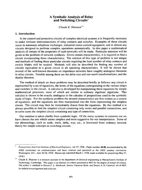 a symbolic analysis of relays and switching circuits claude e