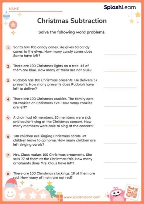 Subtract Within 100 Christmas Word Problems — Printable Math Worksheet