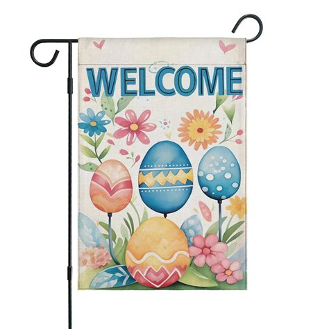 Happy Easter Day Garden Flag Linen Outdoor Flag Colorful Rabbit Eggs Farmhouse Spring Yard Flags