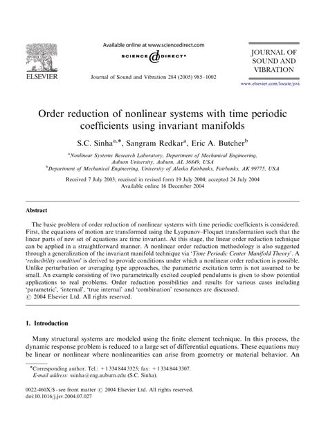 Pdf Order Reduction Of Nonlinear Time Periodic Systems Using