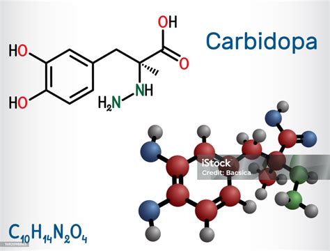 카르비도파 분자 특발성 파킨슨병 치료에 사용되는 도파 탈탄산효소 억제제입니다 구조 화학식 분자 모델 Drug에 대한 스톡 벡터 아트 및 기타 이미지 Istock