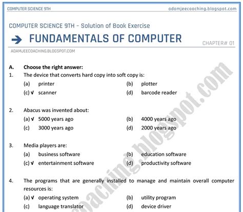 Adamjee Coaching Fundamentals Of Computer Solution Of Book Exercise Computer Science 9th