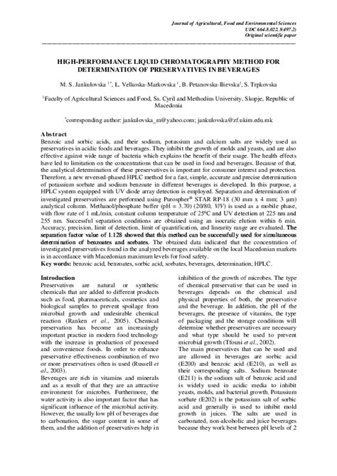 Pdf High Performance Liquid Chromatography Method For Determination Of Preservatives In Beverages