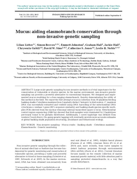 Pdf Slime Aiding Elasmobranch Conservation Through Non Invasive Genetic Sampling