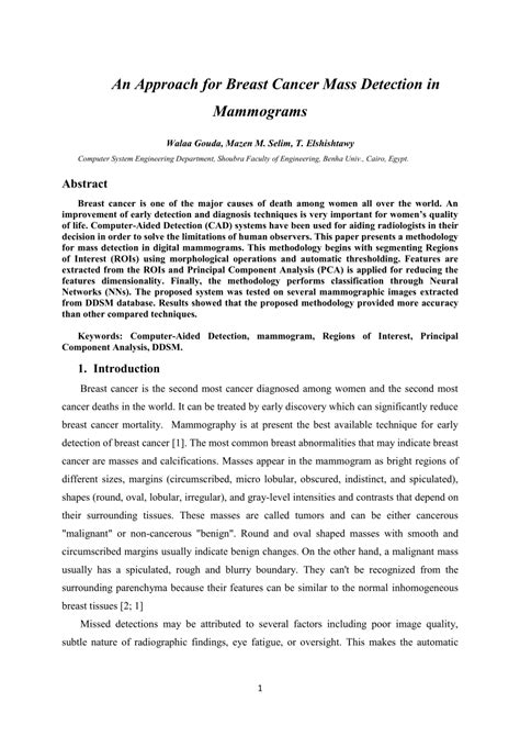 Pdf An Approach For Breast Cancer Mass Detection In Mammograms