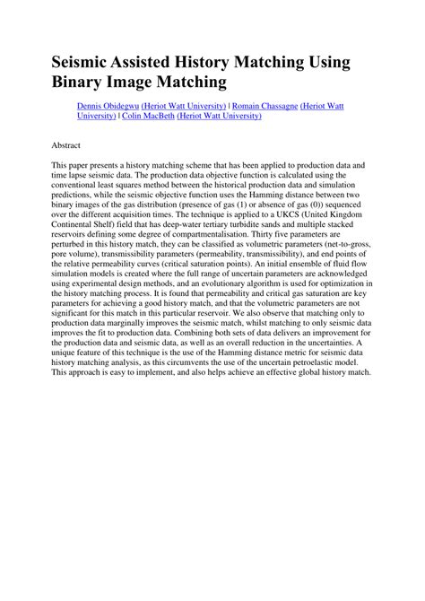 Pdf Seismic Assisted History Matching Using Binary Image Matching