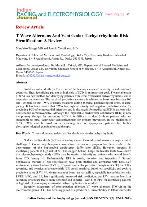 Pdf T Wave Alternans And Ventricular Tachyarrhythmia Risk Stratification A Review