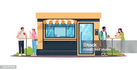 스낵바 세미 플랫 Rgb 컬러 벡터 일러스트레이션에서 점심을 먹는 커플 거리에 대한 스톡 벡터 아트 및 기타 이미지 거리 먹기 쇼핑 Istock