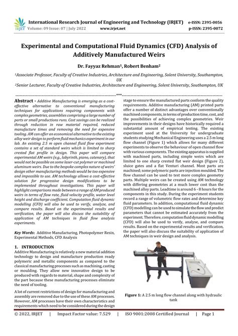 Experimental And Computational Fluid Dynamics Cfd Analysis Of