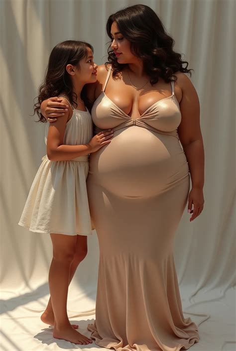 Big Breasted Woman In Low Cut Dress With Her Daughter Next To Her