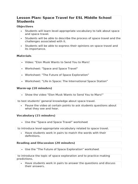 Esl Lesson Plan Space Travel Pdf