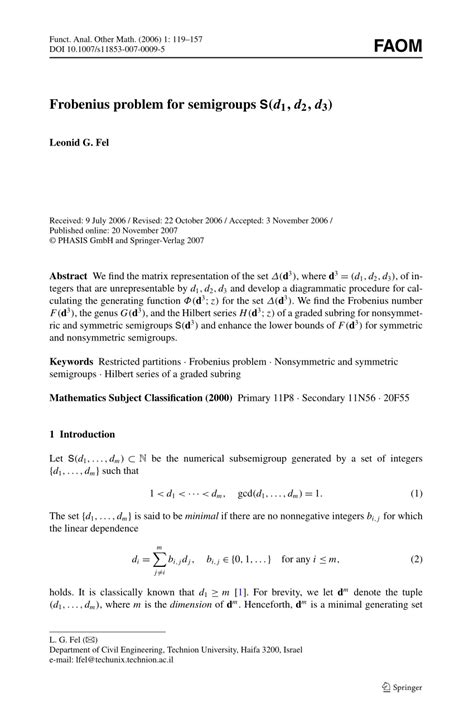 Pdf Frobenius Problem For Semigroups S D1 D2 D3