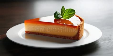 Delicious Cheesecake Slice With Glossy Caramel Topping And Mint Garnish On A White Plate Stock