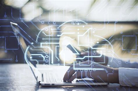 Close Up Of Male Hands Using Laptop And Smartphone With Abstract