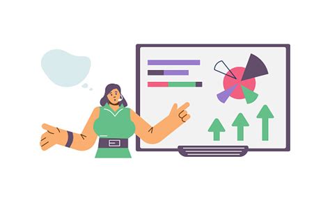 화이트보드에 프리젠테이션을 하는 여성 흰색 배경에 분리된 평면 벡터 삽화 그래프와 차트가 있는 보드를 가리키는 스피커 비즈니스 세미나 또는 교육 가리키기에 대한 스톡 벡터